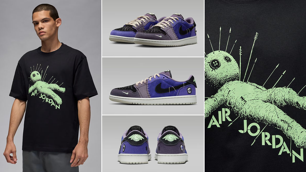 Air Jordan 1 Low OG Zion Voodoo Alternate Sneakers and Shirt