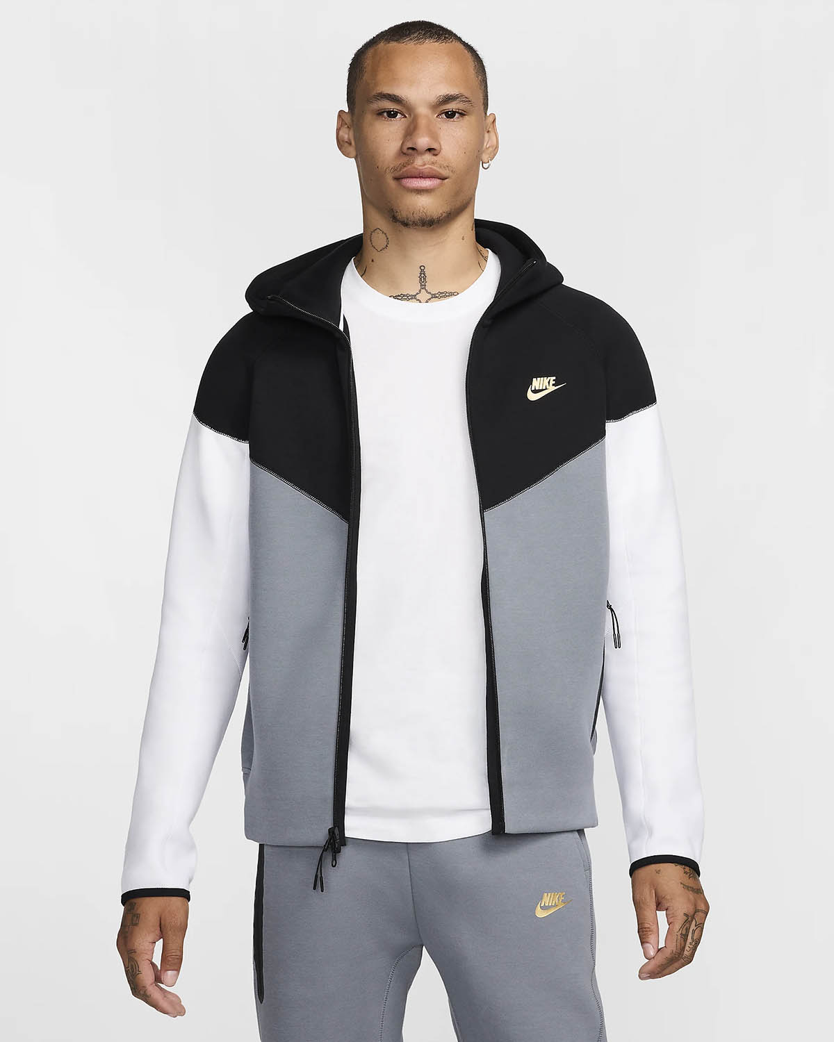 Nike Tech Fleece Hoodie Cool Grey Black White Metallic Gold