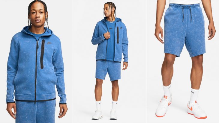 Nike Tech Fleece Wash Hoodie and Shorts in Dark Marina Blue
